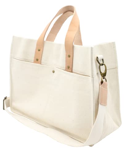 Tocco Goods Natural Canvas Tote Bag Genuine Leather Handles with Crossbody Strap Multiple Pockets Natural Light Tan