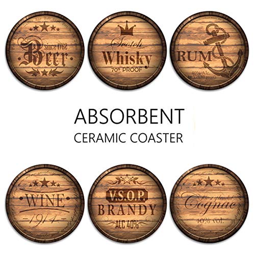 Britimes Set of 6 Coaster for Drinks Absorbent with Cork Base, Metal Holder, Round Wooden Stone Drink Mat for Coffee Wood Table, Gift for Birthday, Farmhouse Housewarming Room Bar Decor Retro 2
