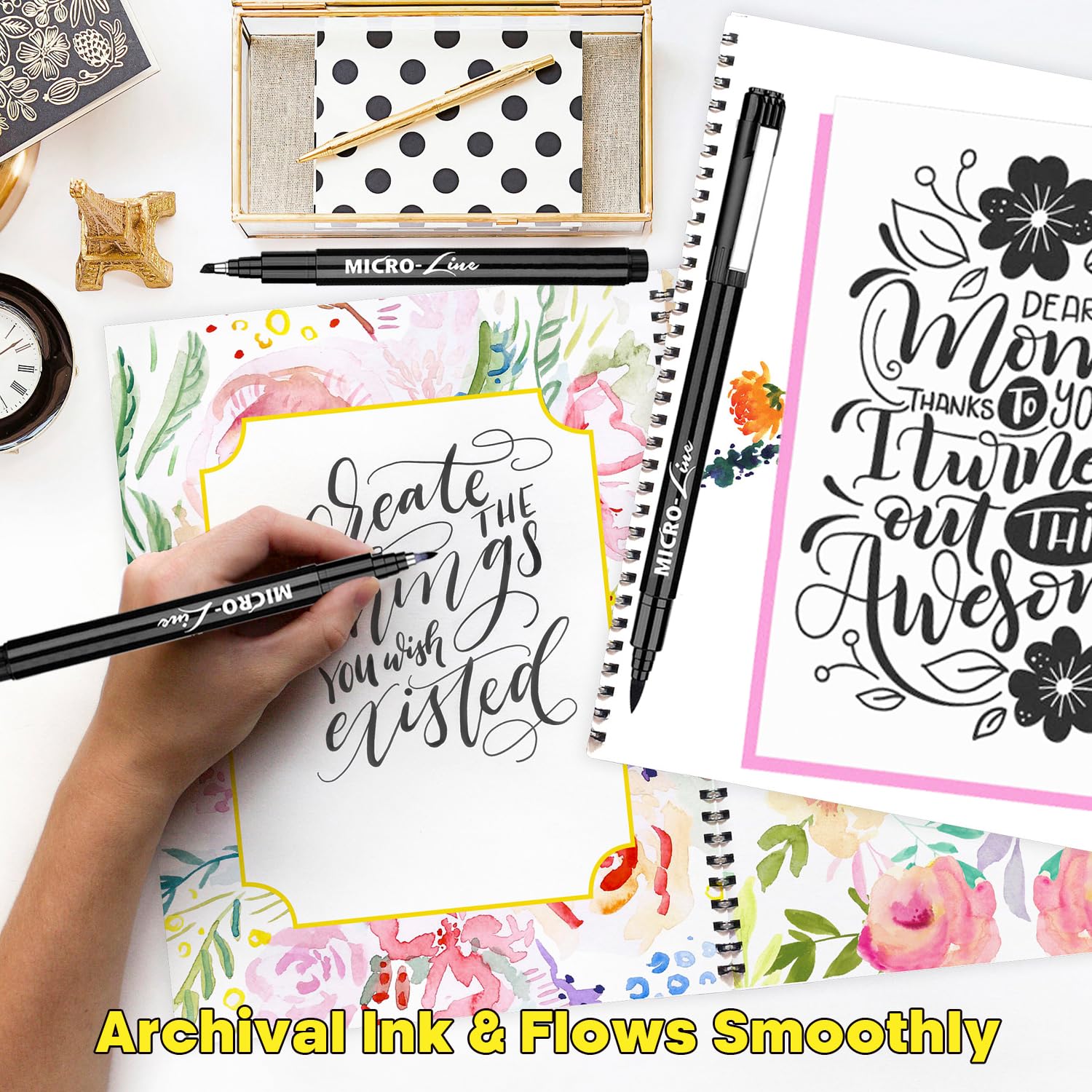 Dyvicl Hand Lettering Pens, Calligraphy Brush Pens Art Markers for Beginners Writing, Sketching, Art Drawing, Illustration, Scrapbooking, Journaling, Black Ink Pen Set, 8 Sizes