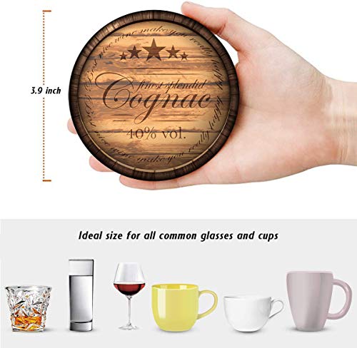 Britimes Set of 6 Coaster for Drinks Absorbent with Cork Base, Metal Holder, Round Wooden Stone Drink Mat for Coffee Wood Table, Gift for Birthday, Farmhouse Housewarming Room Bar Decor Retro 2