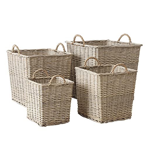 Cape Cod Wicker Baskets, Set of 4, Woven Willow (Salix) Pale Brown, Natural, 21.75, 19, 16.25, and 13 Inches Tall