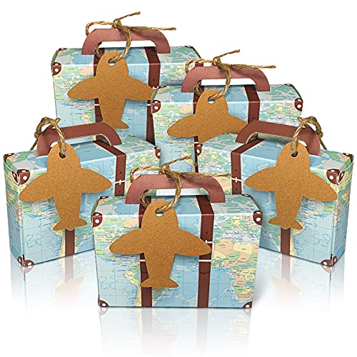 CHolic 50Pcs Party Favor Candy Box, World Map Mini Suitcase Favor Box, Vintage Kraft Paper with Tags and Burlap Twine for Travel Themed Party, Bridal Shower, Wedding Decorations