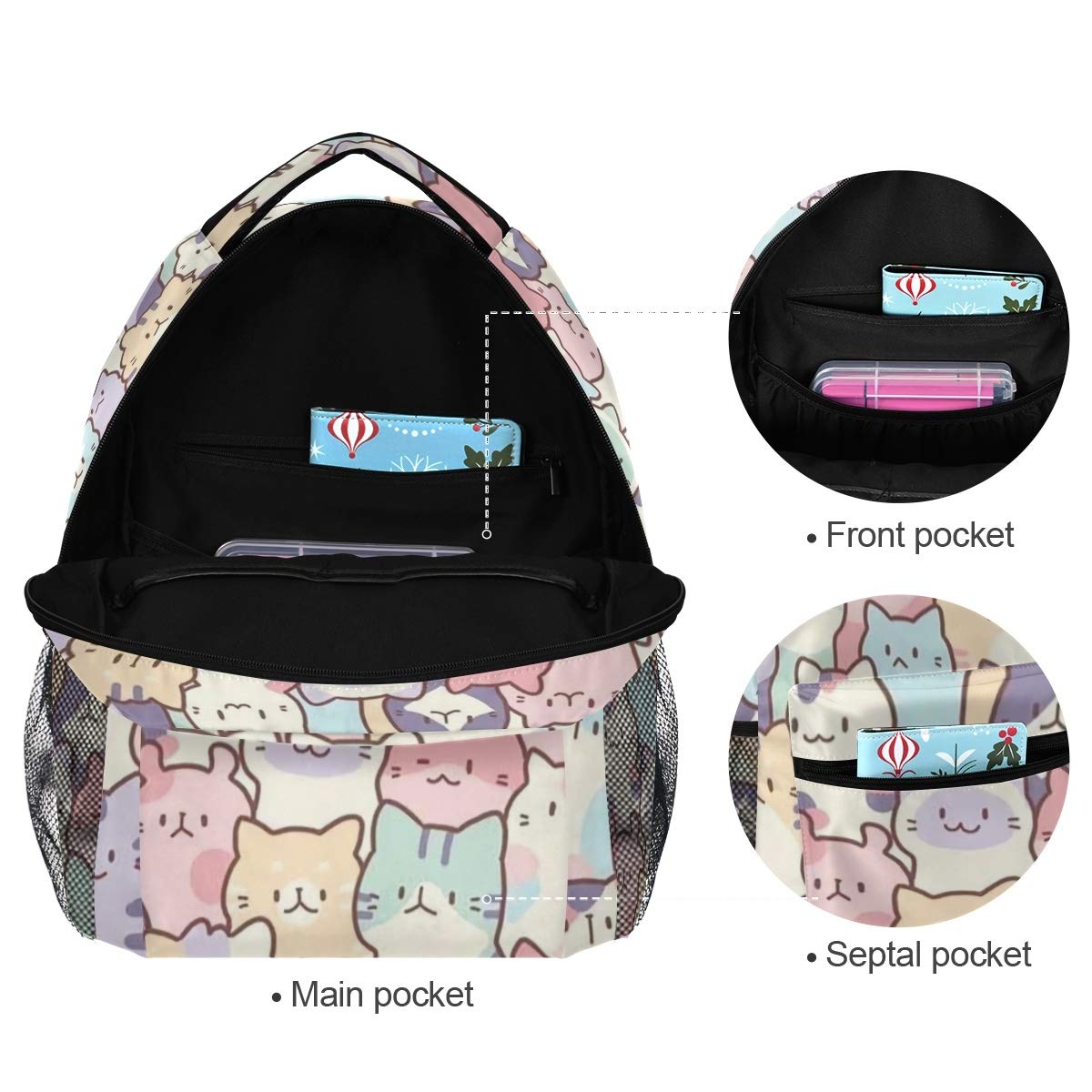 Colorful Cats Bookbag Cute Animal Pattern Schoolbag Business Laptop Roomy Backpack Bookbag for Hiking Traveling Camping