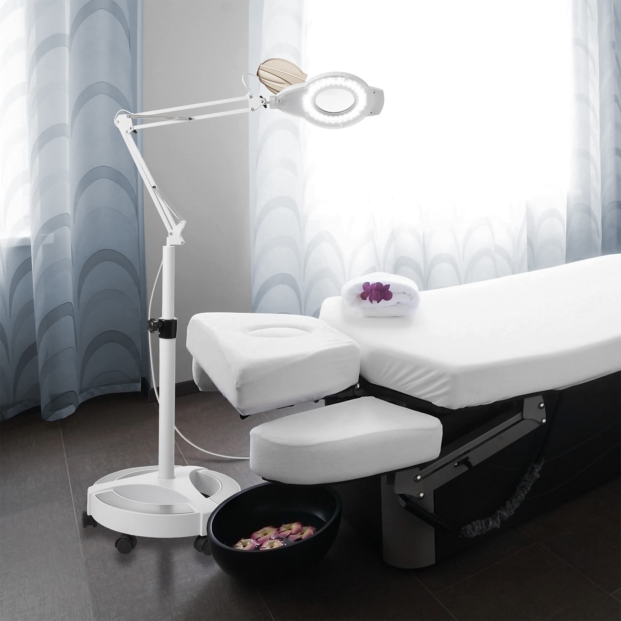 Saloniture 6 Wheel Rolling Base Magnifying LED Floor Lamp - Adjustable 3X Magnifier with Dimmable Lights for Lashes, Facials, Salon, Esthetician Spa, and Crafts