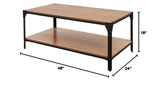 Coral Flower Modern 48 Inch Wood Board Coffee Table for Living Room with Industrial Design Farmhouse Style, Sturdy Metal Frame, and Bottom Storage Shelf,Brown.