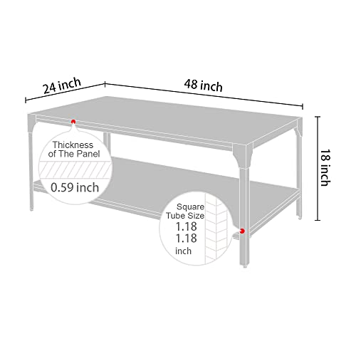 Coral Flower Modern 48 Inch Wood Board Coffee Table for Living Room with Industrial Design Farmhouse Style, Sturdy Metal Frame, and Bottom Storage Shelf,Brown.