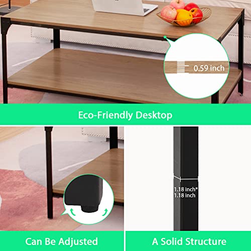 Coral Flower Modern 48 Inch Wood Board Coffee Table for Living Room with Industrial Design Farmhouse Style, Sturdy Metal Frame, and Bottom Storage Shelf,Brown.