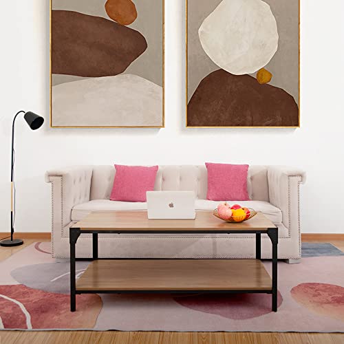 Coral Flower Modern 48 Inch Wood Board Coffee Table for Living Room with Industrial Design Farmhouse Style, Sturdy Metal Frame, and Bottom Storage Shelf,Brown.