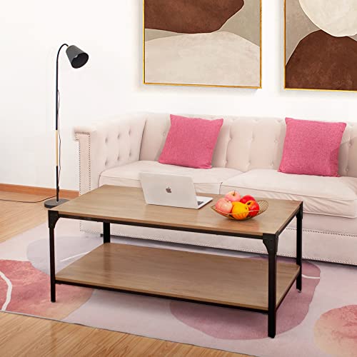 Coral Flower Modern 48 Inch Wood Board Coffee Table for Living Room with Industrial Design Farmhouse Style, Sturdy Metal Frame, and Bottom Storage Shelf,Brown.