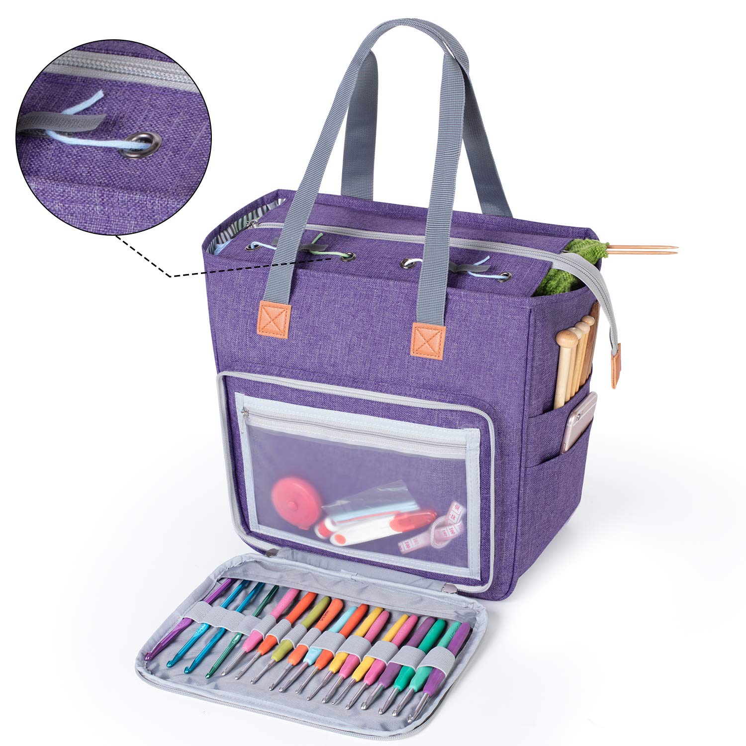 Luxja Knitting Tote Bag, Yarn Storage Bag for Carrying Projects, Knitting Needles, Crochet Hooks and Other Accessories, Purple