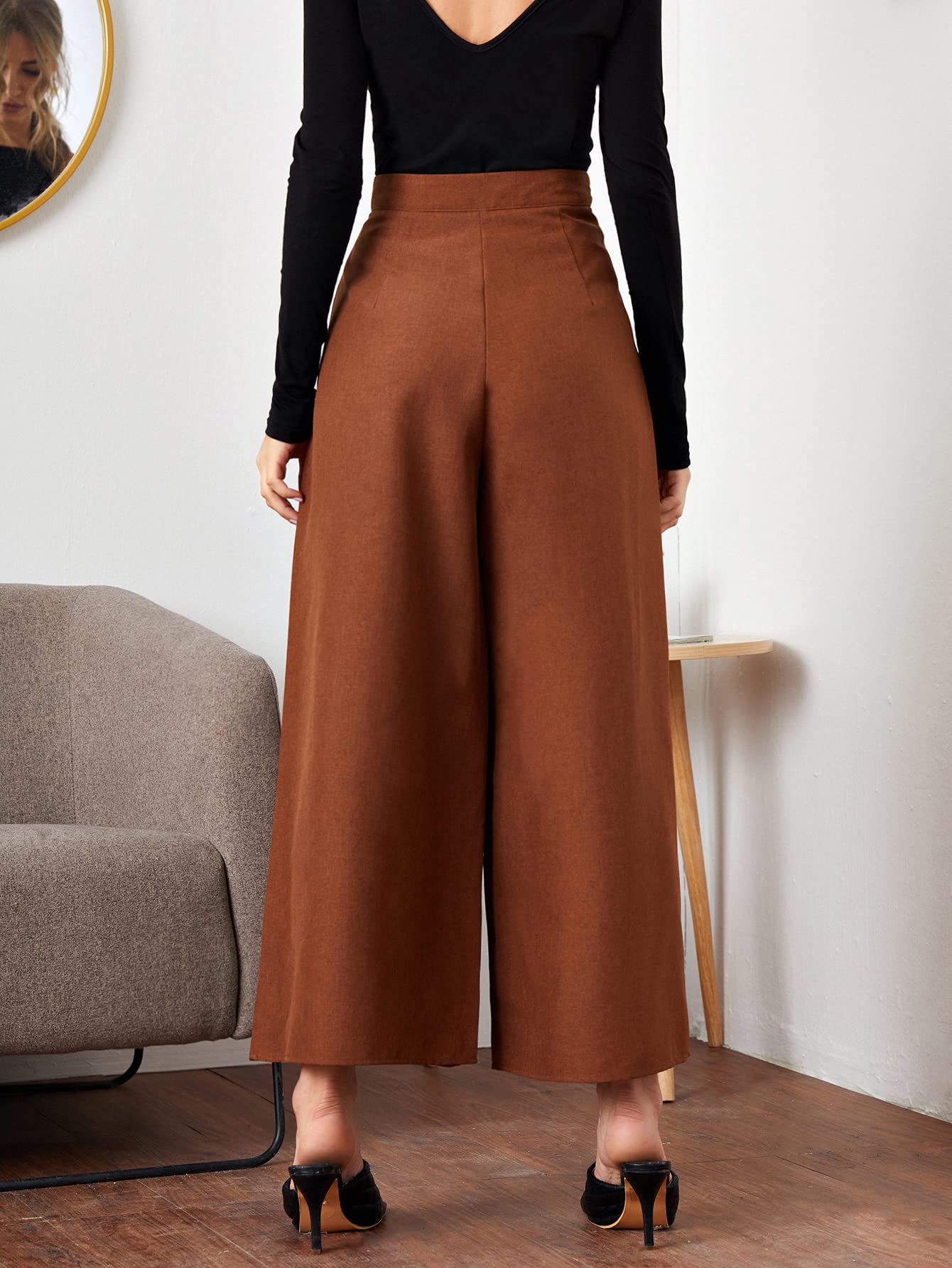 Floerns Women's Solid Color High Waist Fold Pleated Detail Wide Leg Palazzo Pants Brown M