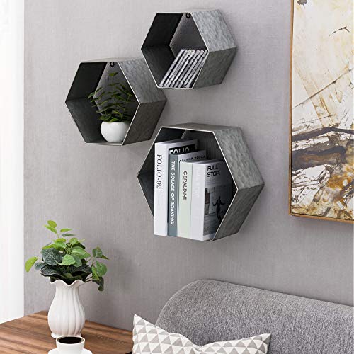 MyGift Wall Mounted Geometric Hexagon Hanging Shelf Design Rustic Galvanized Silver Metal Floating Shelves with Mesh Backing, Set of 3