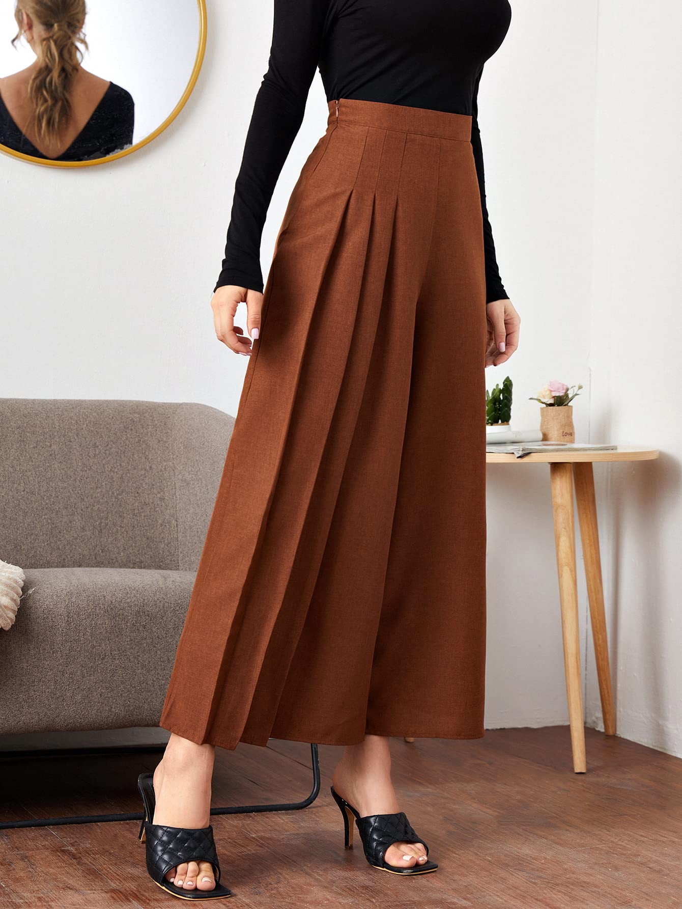 Floerns Women's Solid Color High Waist Fold Pleated Detail Wide Leg Palazzo Pants Brown M