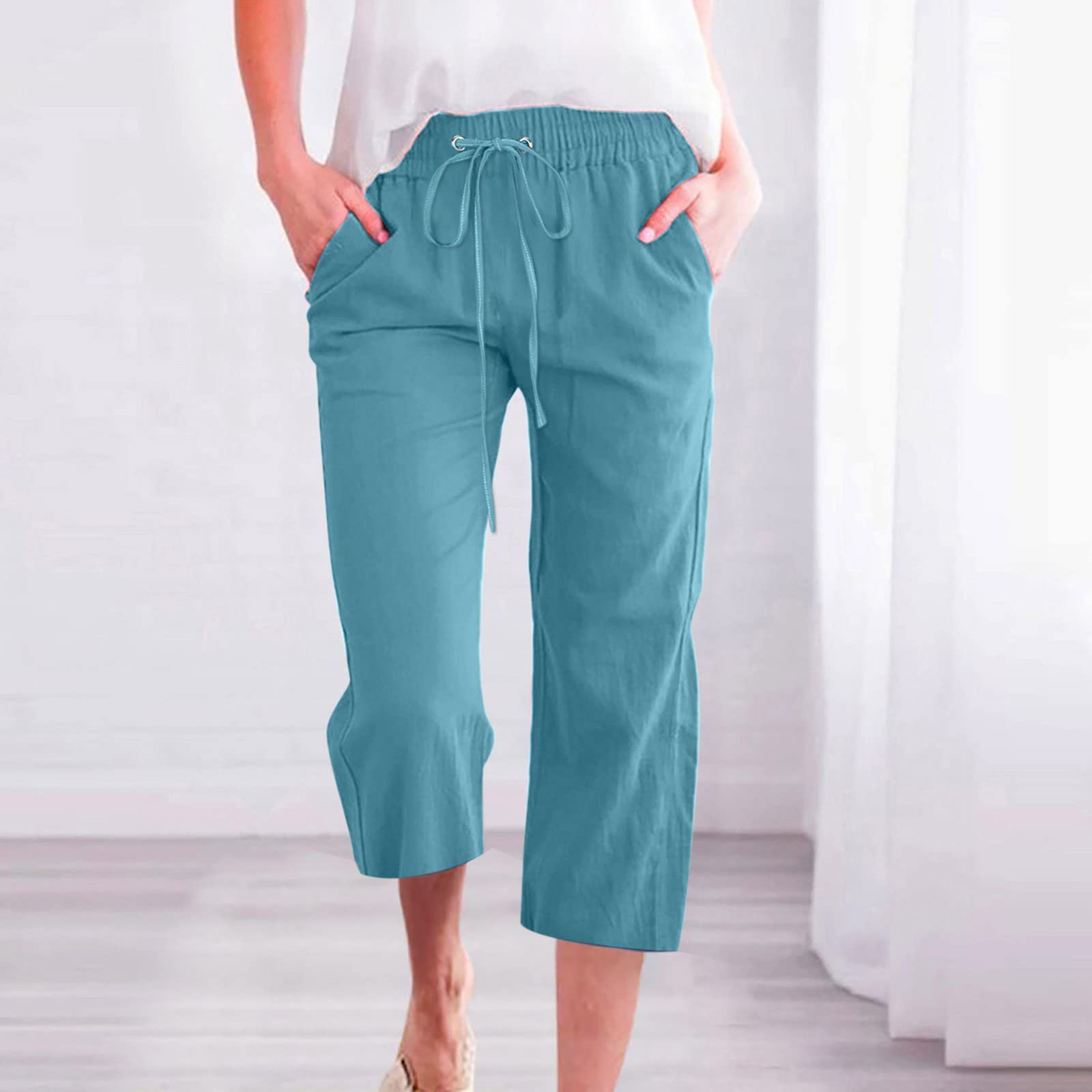 Wide Leg Linen Capri Pants for Women Capri Pants Casual 2023 Summer Drawstring Elastic High Waist Linen Pant Straight Wide Leg Cropped Trouser