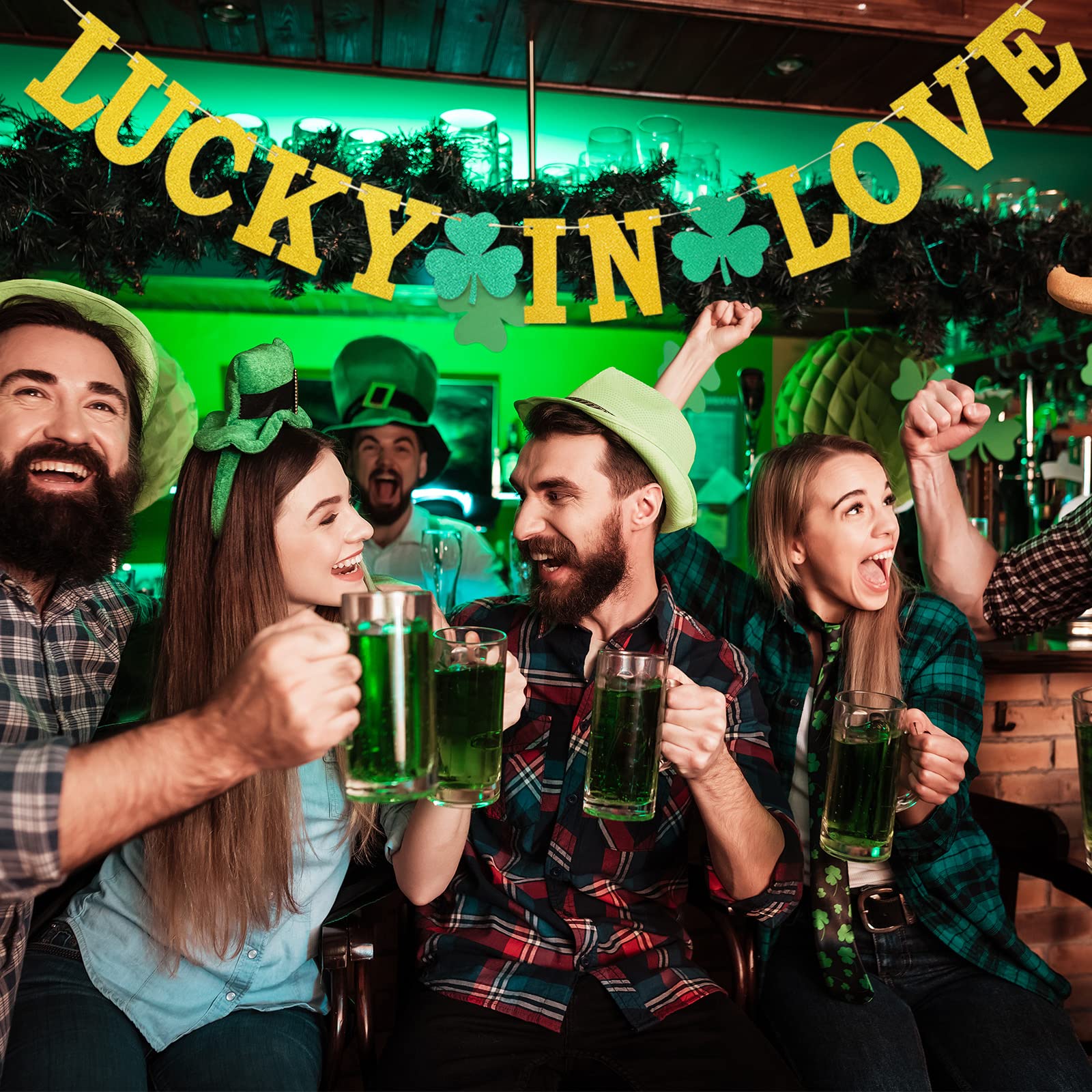Whaline 2Pcs St. Patrick's Day Banner Glitter Gold Green Lucky Shamrock Clover Hanging Bunting Garland DIY Irish Style Banner for Party Home Office Mantel Fireplace Wall Decoration