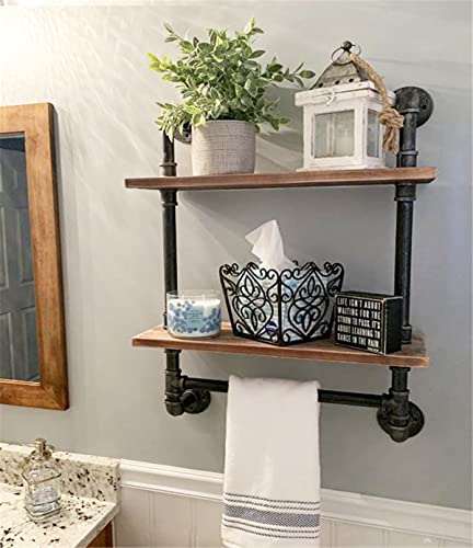 Lohfgf Industrial Pipe Shelf,2 Tiered Metal Towel Racks for Bathroom,24inch Industrial Pipe Floating Shelves Shelving,Rustic Wood Wall Mount Shelf with Towel Bar,Iron Towel Holder