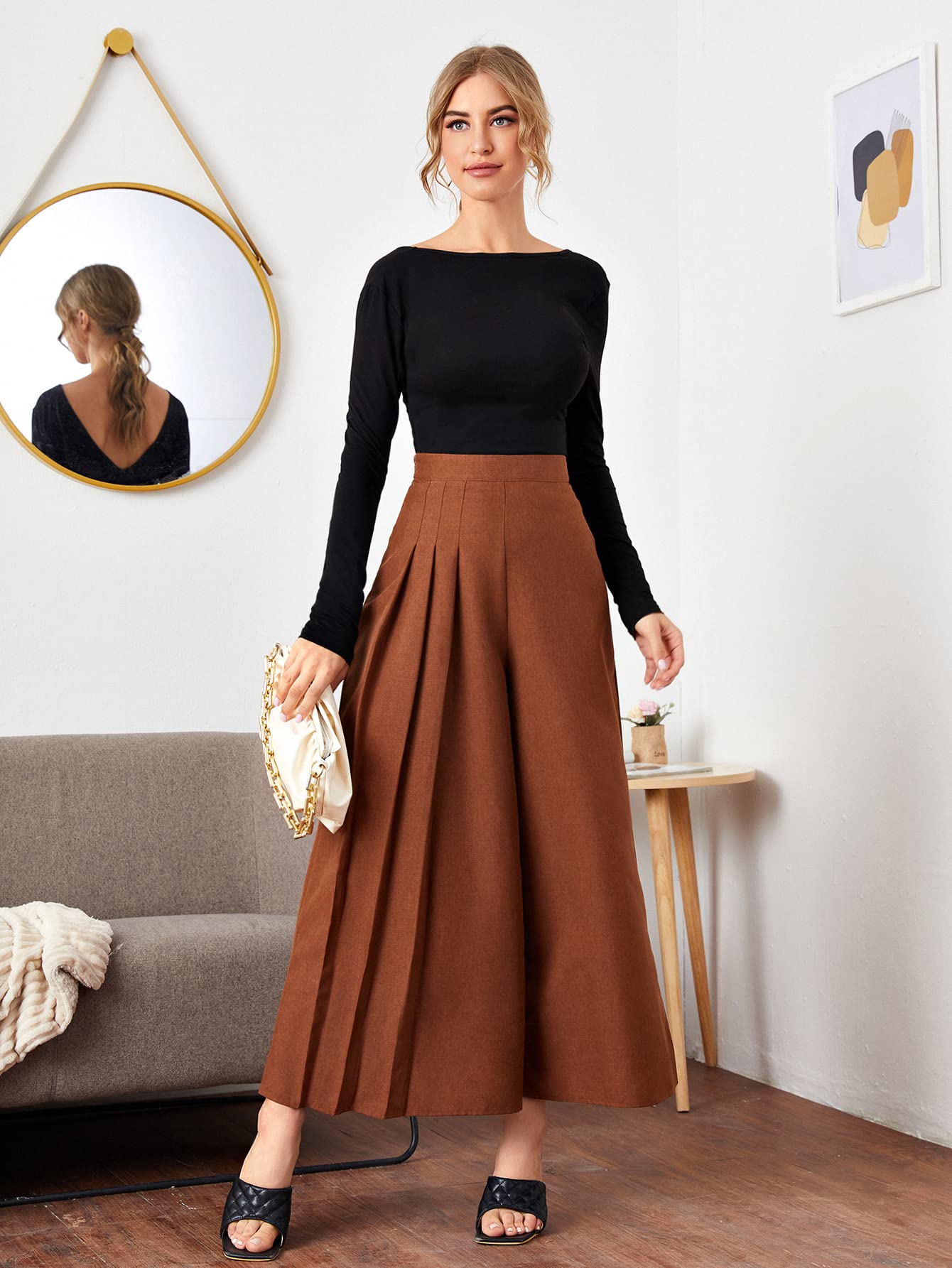 Floerns Women's Solid Color High Waist Fold Pleated Detail Wide Leg Palazzo Pants Brown M