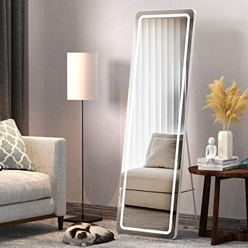 LOWIXI Full Length Mirror with Lights 63"x22" Free Standing Lighted Floor Mirror, Wall Mounted Hanging Mirror for Bedroom, Aluminum Frame, Dimming & 3 Color Lighting, White
