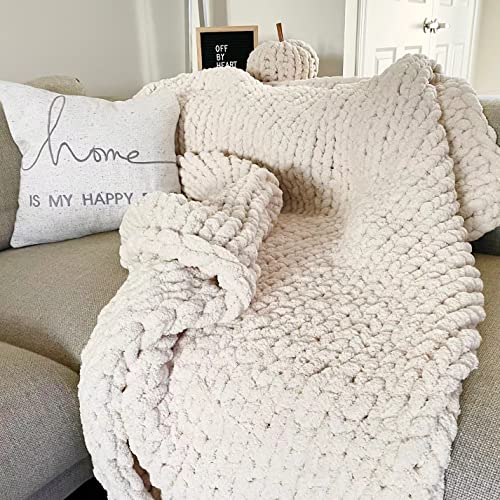 Mansmerton Chunky Knit Blanket Throw Large 50" x 60" Beige, Warm Soft Chenille Yarn Knit Blanket for Bed,Sofa,Machine Washable, Handmade Big Cable Knit Weighted Blanket -Bedroom&Boho Home Decor,Gift