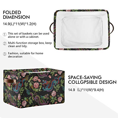 KEEPREAL Embroidery Chinese Dragon Storage Basket Bin, Large Cube Storage Box Canvas Collapsible Storage Organizer for Home Office Closet - 15 L x 11 W x 9.5 H