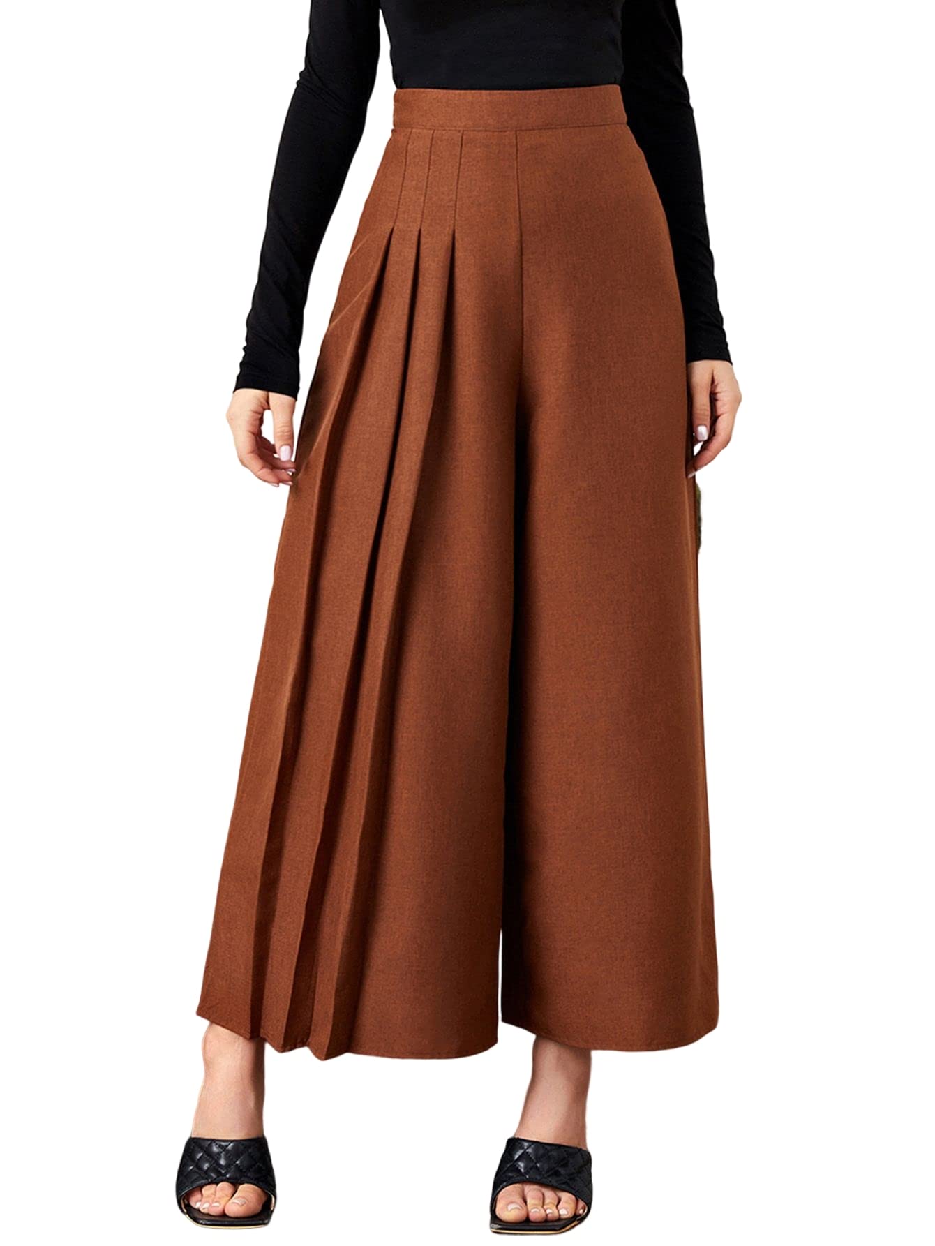 Floerns Women's Solid Color High Waist Fold Pleated Detail Wide Leg Palazzo Pants Brown M