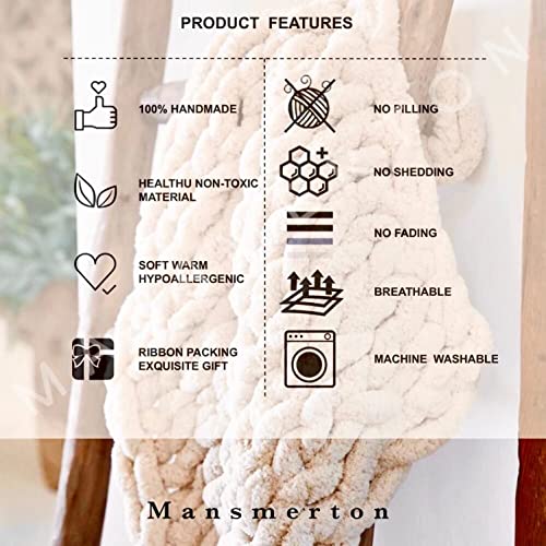 Mansmerton Chunky Knit Blanket Throw Large 50" x 60" Beige, Warm Soft Chenille Yarn Knit Blanket for Bed,Sofa,Machine Washable, Handmade Big Cable Knit Weighted Blanket -Bedroom&Boho Home Decor,Gift