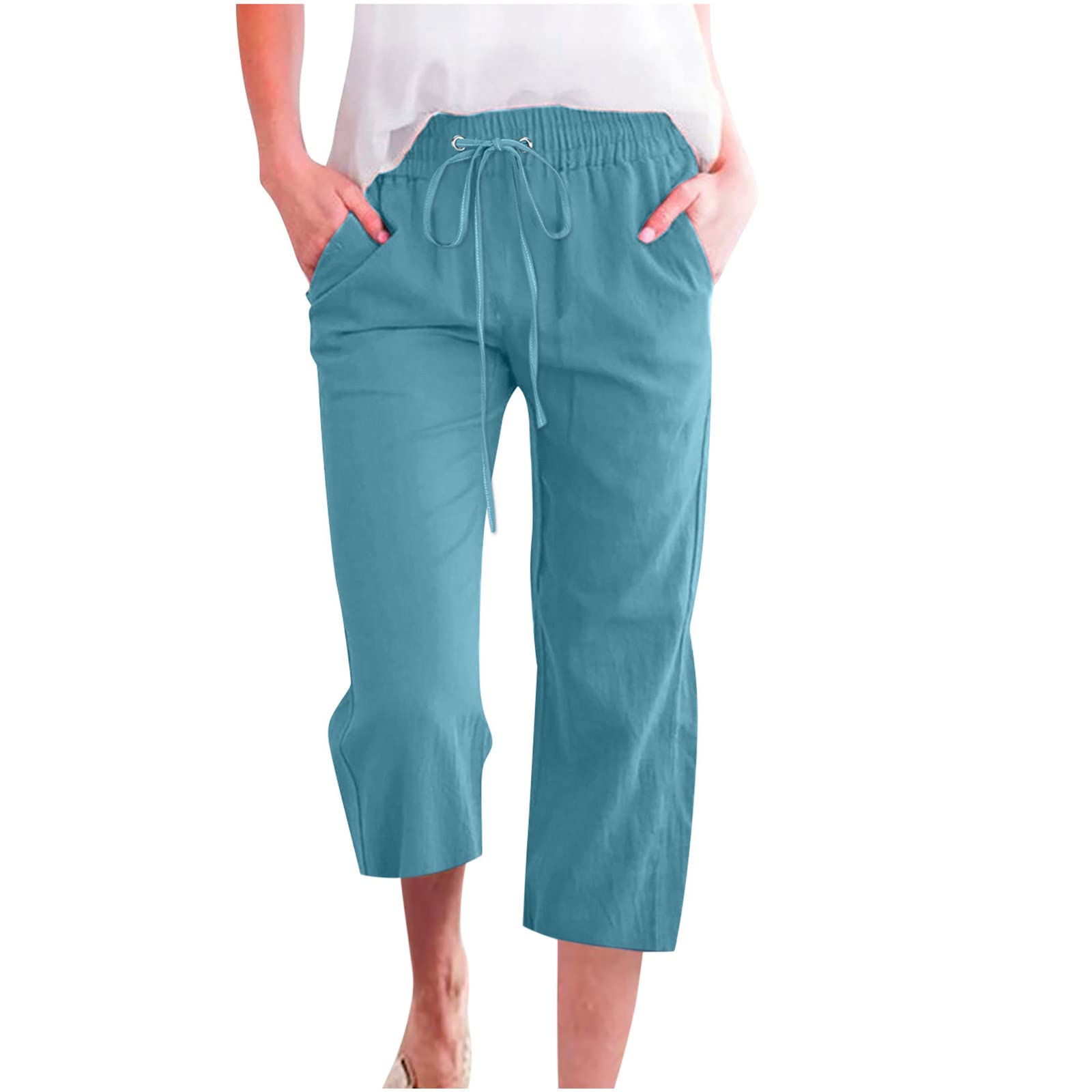 Wide Leg Linen Capri Pants for Women Capri Pants Casual 2023 Summer Drawstring Elastic High Waist Linen Pant Straight Wide Leg Cropped Trouser