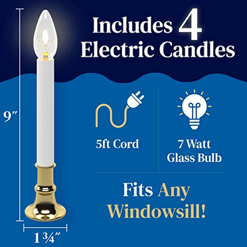 PREXTEX Christmas Candles - Set of 4 Brass Plated Window Electric Candle Set for Home, Kitchen with Automatic On/Off Sensor for Dusk to Dawn, Christmas Lights, Candle Lamp, Party Lights