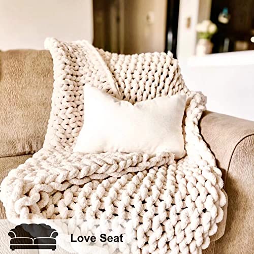 Mansmerton Chunky Knit Blanket Throw Large 50" x 60" Beige, Warm Soft Chenille Yarn Knit Blanket for Bed,Sofa,Machine Washable, Handmade Big Cable Knit Weighted Blanket -Bedroom&Boho Home Decor,Gift