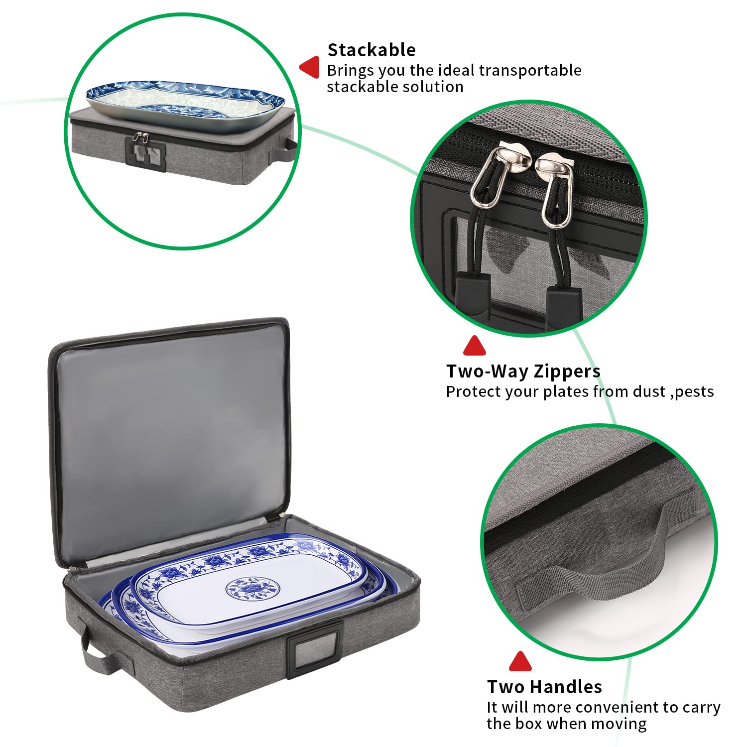 Platter Storage Case, China Storage Containers, Hard Shell and Stackable, 17'' x 13 inchs'' With Waterproof Inside - 4 Felt Dividers Included (Gray)