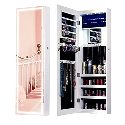 Ntufrest Jewelry Organizer, Touch LED Mirror Jewelry Cabinet,LED Wall/Door Mounted Jewelry Armoires for Women, Full Length Mirror with Jewelry Storage,Magnetic Lock