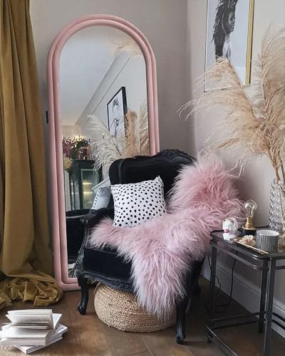 Otlsh Floor Mirror, Arched Full Length Mirror with Stand, Standing Mirror, 63"x24" Full Body Mirror, Large Mirror, Wall Mirror, Freestanding, Wall Mounted, Flannel Frame - Pink