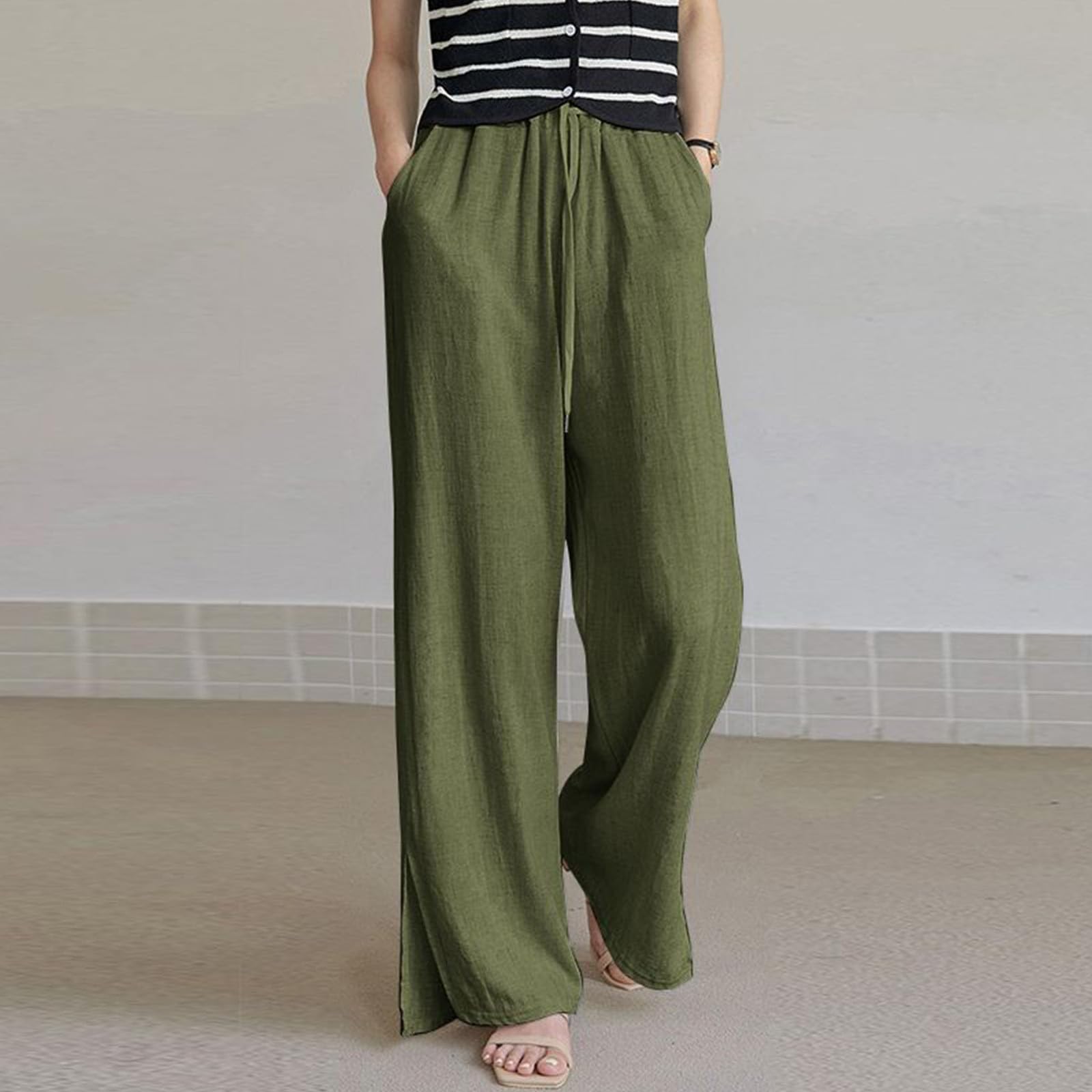 fold Over Yoga Pants for Women Women Wide-Leg Pants Loose Flowy Trousers Cotton Linen Slacks Capri Pants Side Split Lounge Pant Plus Size Relaxed Fit Green L