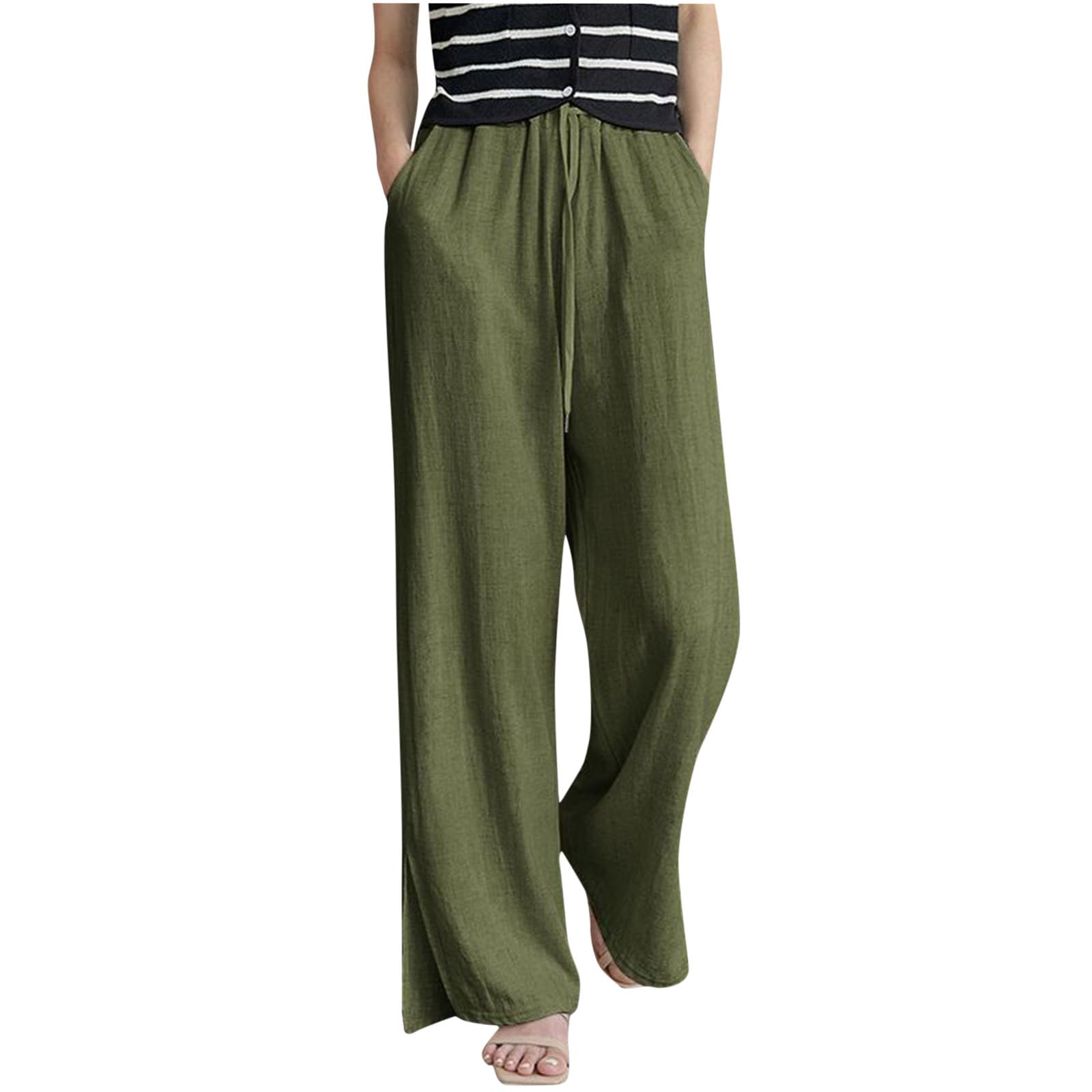 fold Over Yoga Pants for Women Women Wide-Leg Pants Loose Flowy Trousers Cotton Linen Slacks Capri Pants Side Split Lounge Pant Plus Size Relaxed Fit Green L