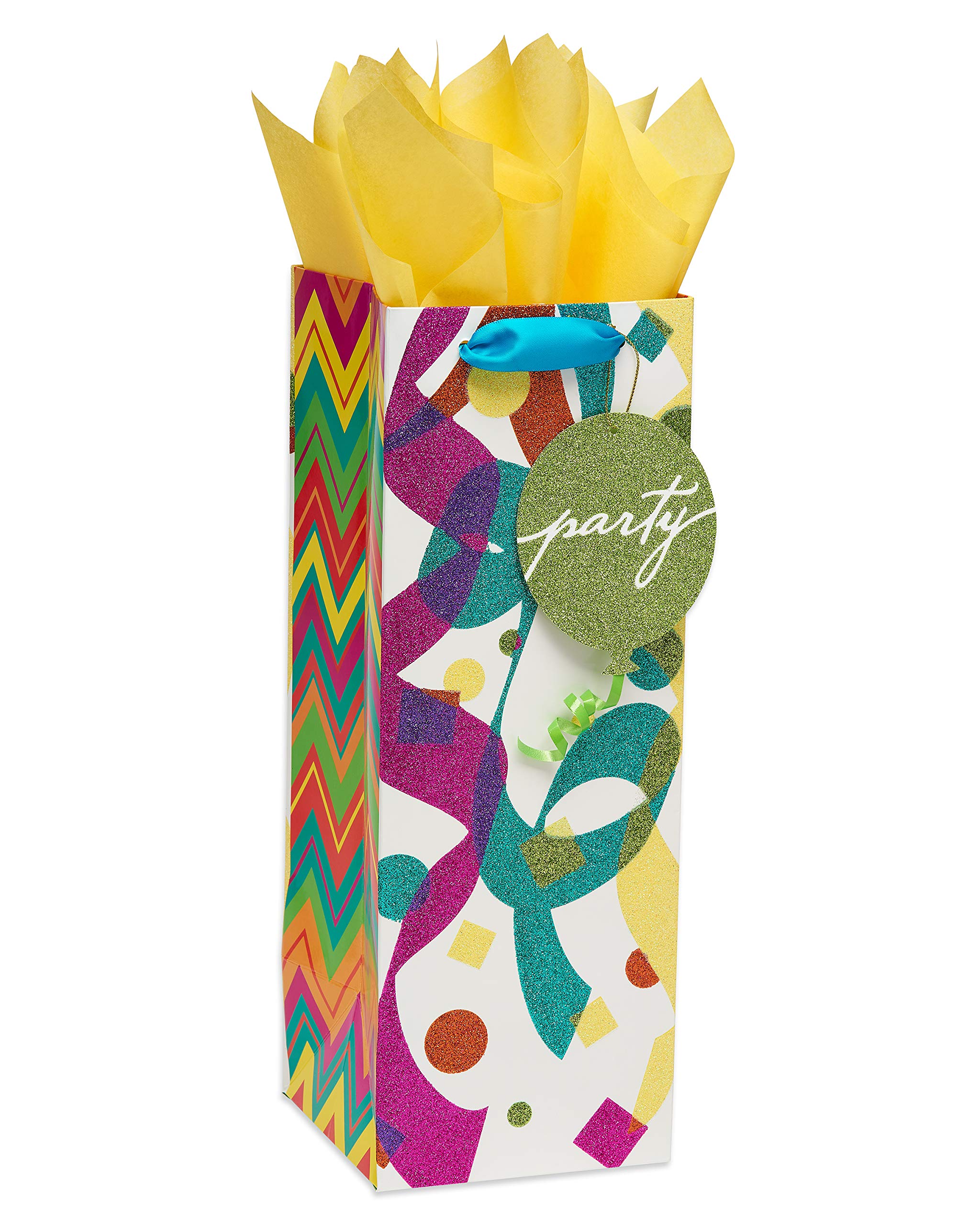 Papyrus 14" Beverage Gift Bag with Tissue Paper (Glitter Celebration) for Birthdays, Weddings, Bridal Showers and All Occasions (1 Bag, 8-Sheets)