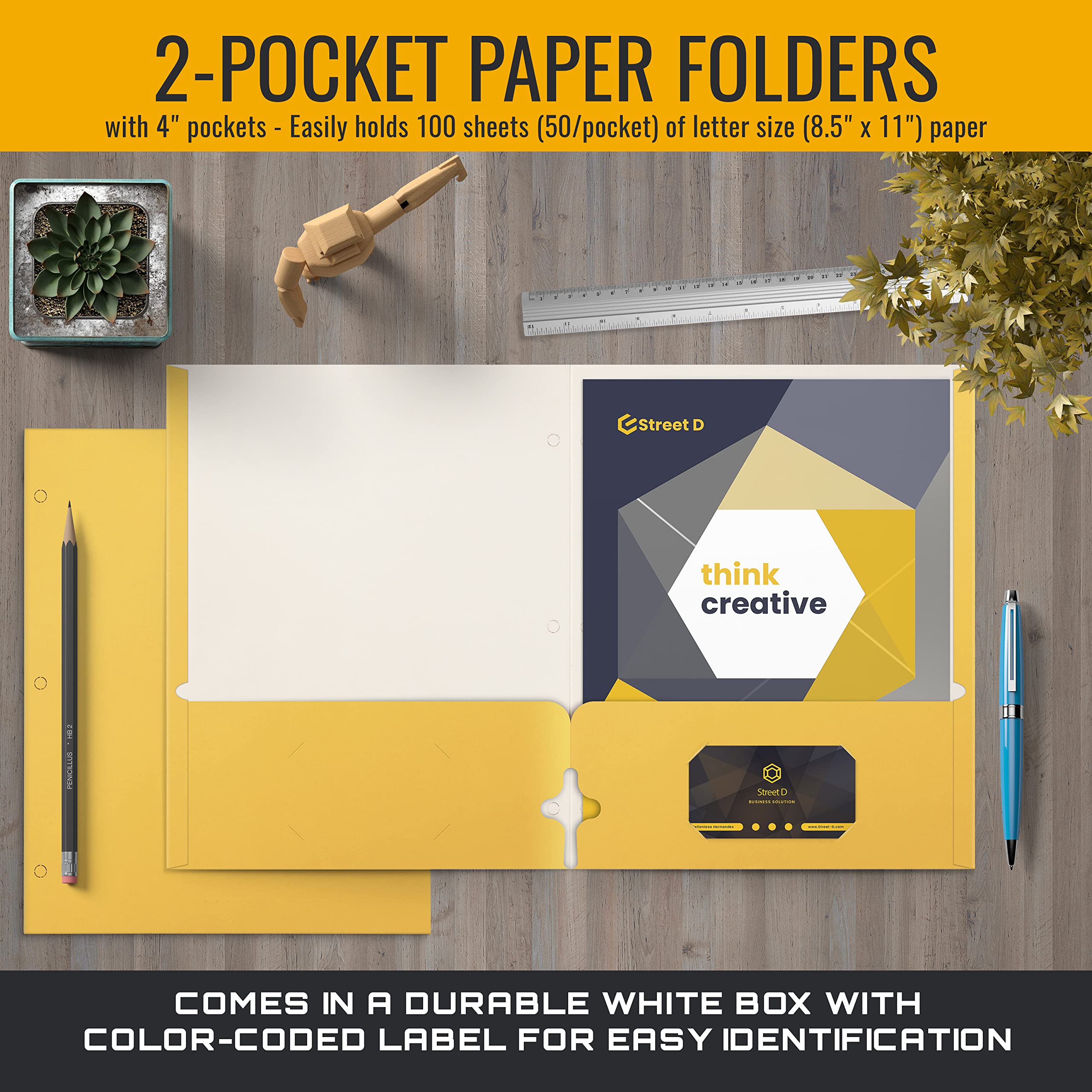 Two Pocket Portfolio Folders, 50-Pack, Yellow, Letter Size Paper Folders, by Better Office Products, 50 Pieces, Yellow