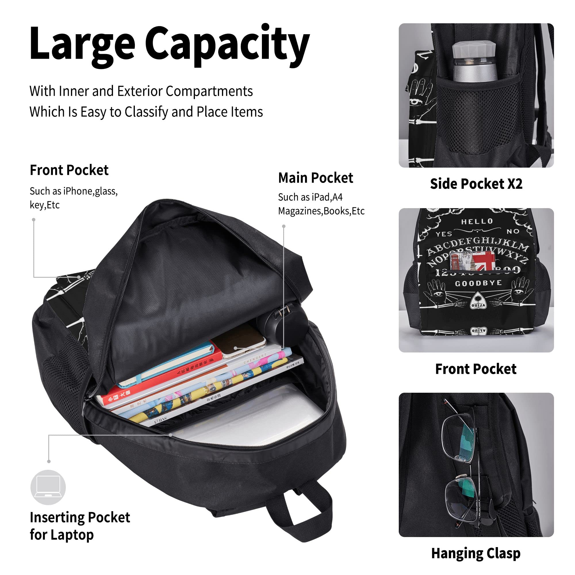 SWEET TANG School Backpack sets 3 piece Teens Studentss (Skeleton Ouija Board Tattoo Black) Book Bag+Lunch Bag+Pencil Case Cute College Work Gym Hiking Fishing Computer Bag, One Size
