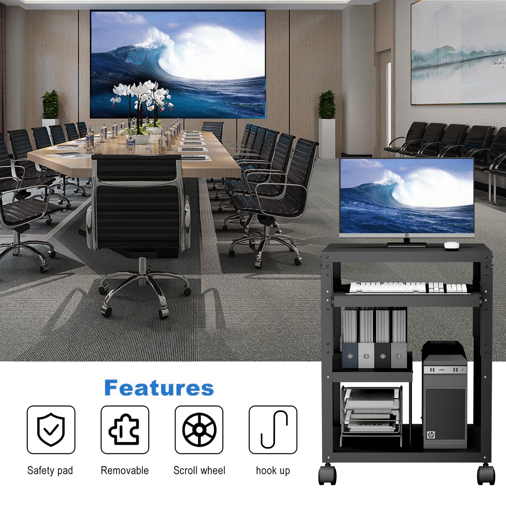 tonchean AV Presentation Cart with Keyboard Tray, Heavy Duty Mobile Workstation Presentation Cart for Video Projector, Laptop Computer, Media Cart for School Classroom Office(Black)