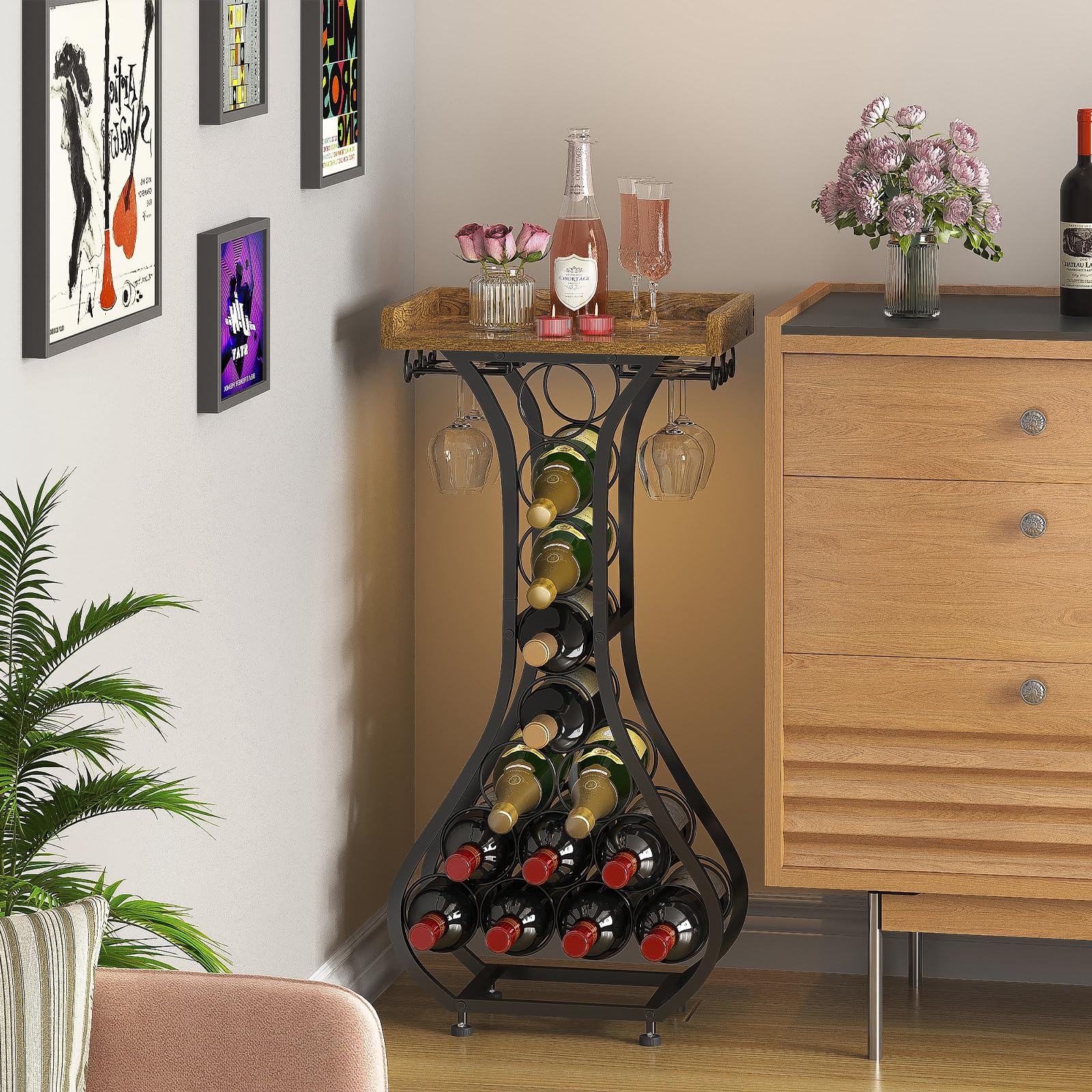 14 Bottles Wine Rack Console Table Freestanding Floor Wine Storage Organizer with Glass Holder Adjustable Feet Wood Top 35.4" H