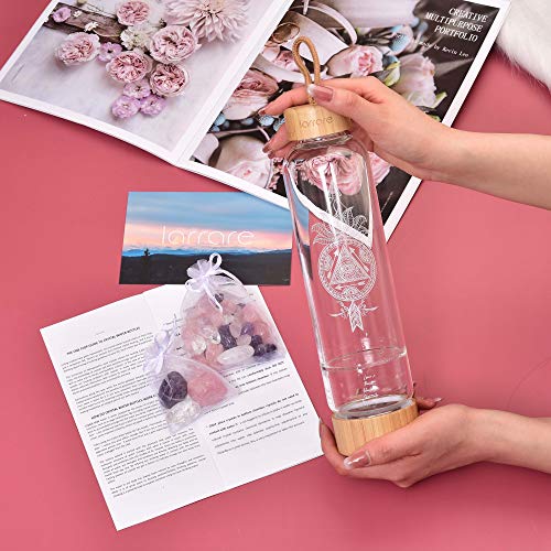 Larrare Crystal Water Bottles 19oz Large Crystal Elixir Infused Water Bottle with Changeable Crystals | Gem Water Bottle with Sacred Pattern and Words (Amethyst, Rose Quartz, Clear Quartz)
