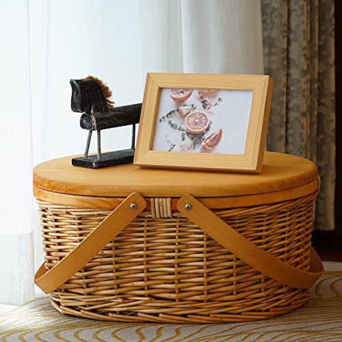 Wicker Picnic Basket Cooler with Portable Picnic Wine Table & Swing Handles for Beach, Camping, Park, Outdoor Party. Insulated Willow Cooler Baskets for Wine Lover. Best Gift for Christmas,Valentine