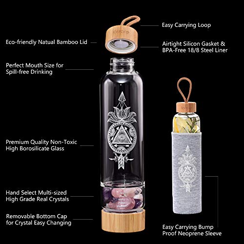 Larrare Crystal Water Bottles 19oz Large Crystal Elixir Infused Water Bottle with Changeable Crystals | Gem Water Bottle with Sacred Pattern and Words (Amethyst, Rose Quartz, Clear Quartz)