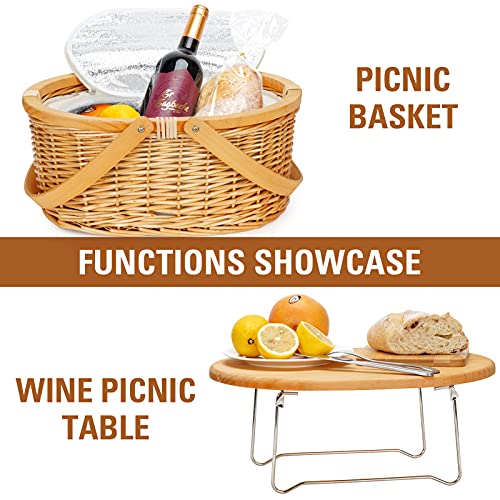 Wicker Picnic Basket Cooler with Portable Picnic Wine Table & Swing Handles for Beach, Camping, Park, Outdoor Party. Insulated Willow Cooler Baskets for Wine Lover. Best Gift for Christmas,Valentine