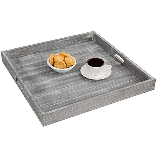 MyGift 19-inch Large Square Rustic Whitewashed Gray Wood Ottoman Tray with Cutout Handles