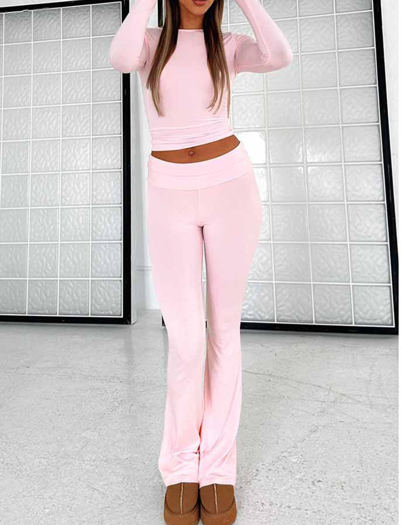 CXINS Women's Solid Color Fold Over Low Waist Pants Flare Leg Workout Leggings Bell Bottoms Bootcut Yoga Pants Pink Size M
