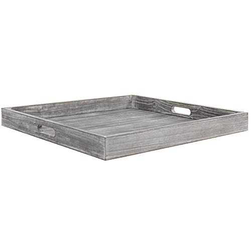 MyGift 19-inch Large Square Rustic Whitewashed Gray Wood Ottoman Tray with Cutout Handles
