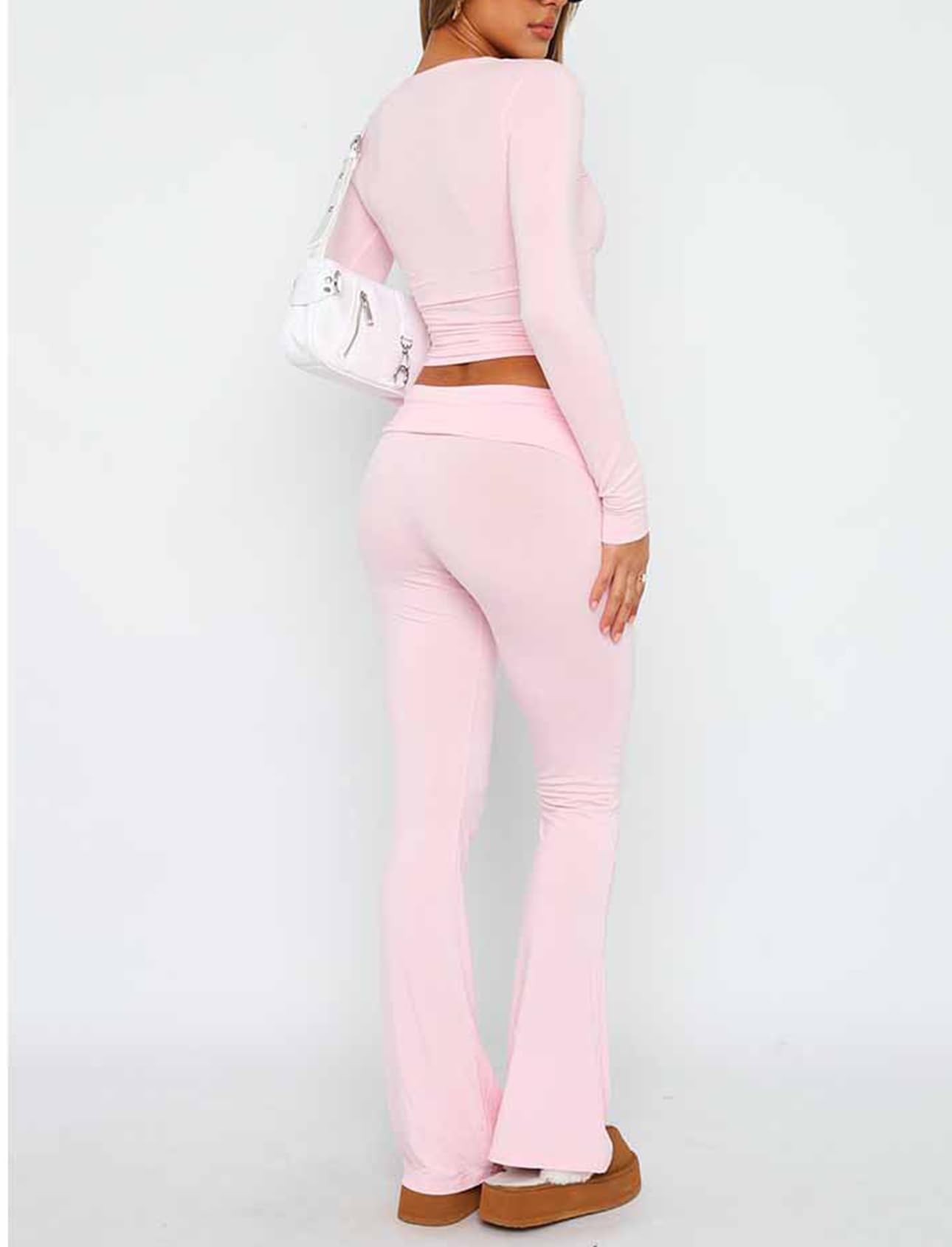 CXINS Women's Solid Color Fold Over Low Waist Pants Flare Leg Workout Leggings Bell Bottoms Bootcut Yoga Pants Pink Size M