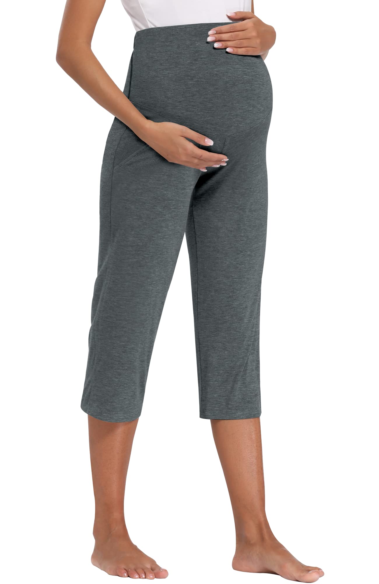 AMPOSH Women's Maternity Capri Pants Stretchy Lounge Pants Comfortable Pregnancy Shorts(Dark Gray with Pockets, XXL)