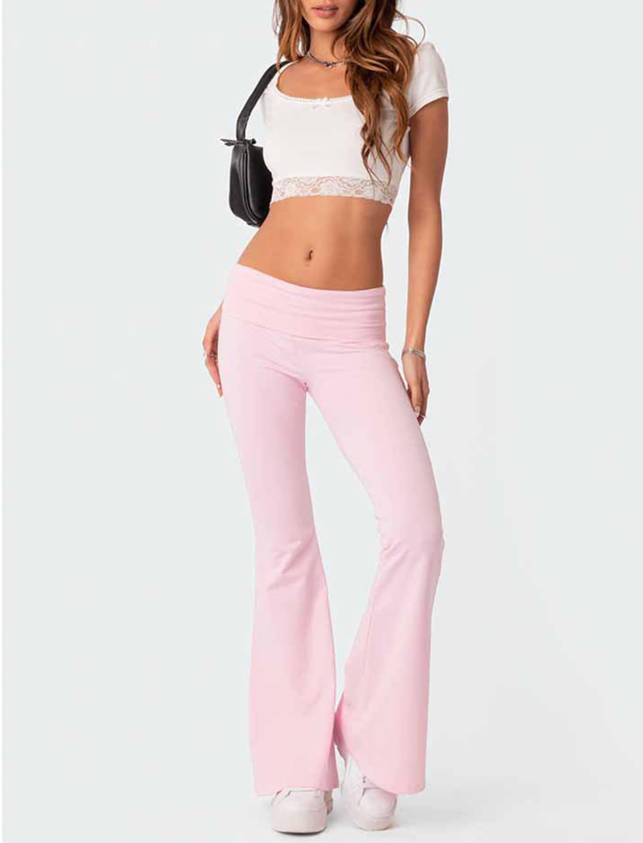 CXINS Women's Solid Color Fold Over Low Waist Pants Flare Leg Workout Leggings Bell Bottoms Bootcut Yoga Pants Pink Size M