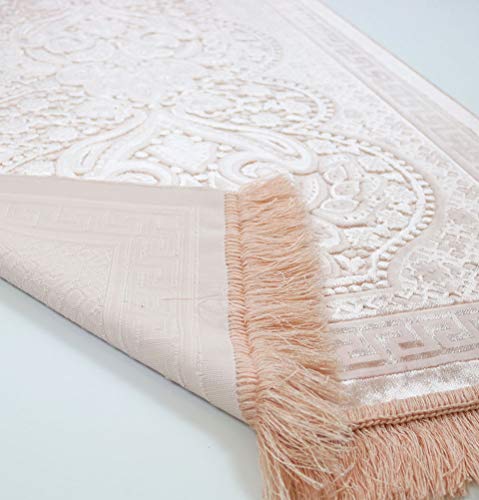 Modefa Velvet Prayer Rug - Soft Plush Turkish Janamaz Sajada Carpet for Men and Women - Plain Solid Prayer Mat Ramadan Eid Gift - with Prayer Beads - Floral Luxury Paisley (Blush Pink)